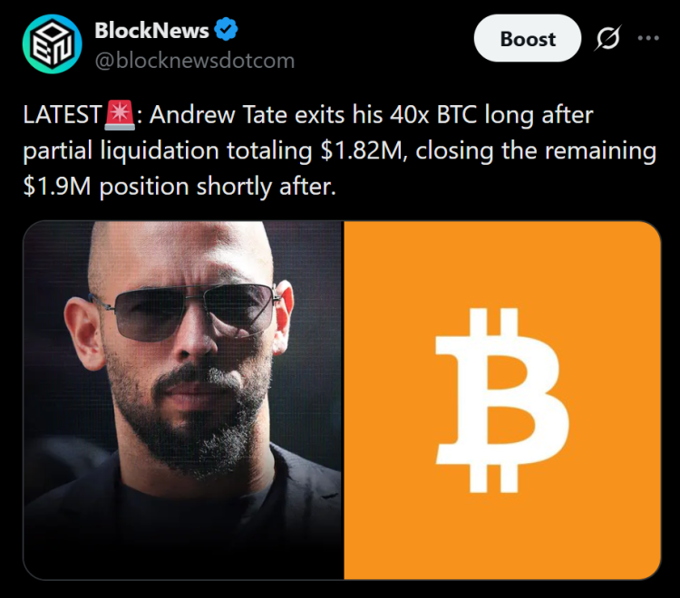 Andrew Tate Risks Another Bitcoin Liquidation – Here Is Why His $3.8M ...